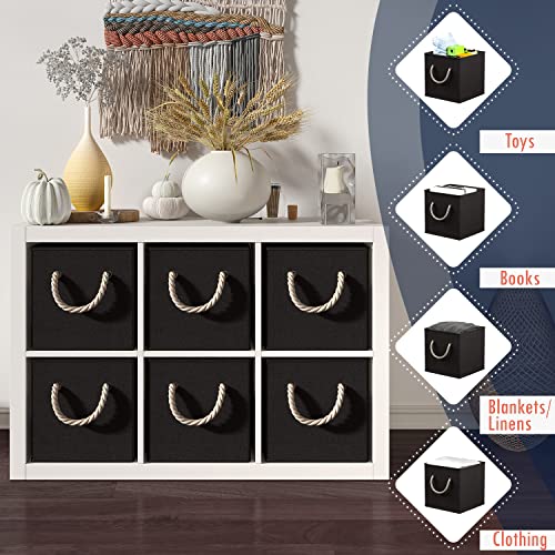 Ornavo Home Foldable Collapsible Storage Box Bins Linen Fabric Shelf Basket Cube Organizer with Rope Handles - Set of 6-13 x 13 x 13 - Black