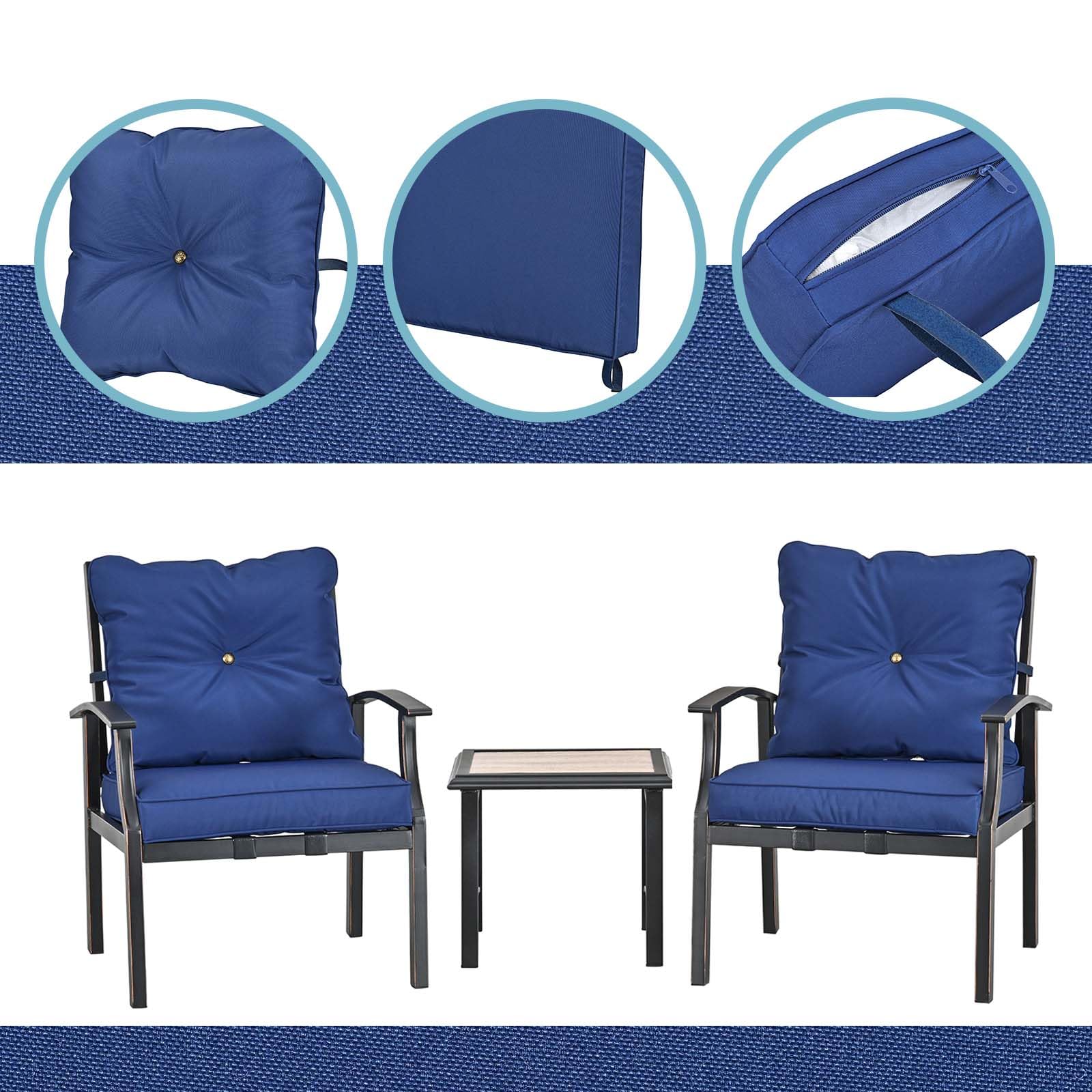 PatioFestival 3 Pieces Patio Bistro Set Outdoor Furniture Set with Coffee Table Patio Single Chairs with Cushion,for Poolside, Garden, Balcony(Bule)