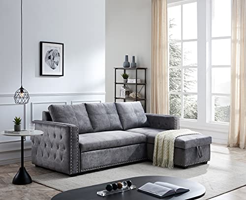 MOEO 91" Reversible Sleeper Sectional Sofa, L-Shape Corner Couch with Storage Chaise and Pulled Out Bed, Tufted Buttons Nailheaded Design for Living Room, Home, Gray