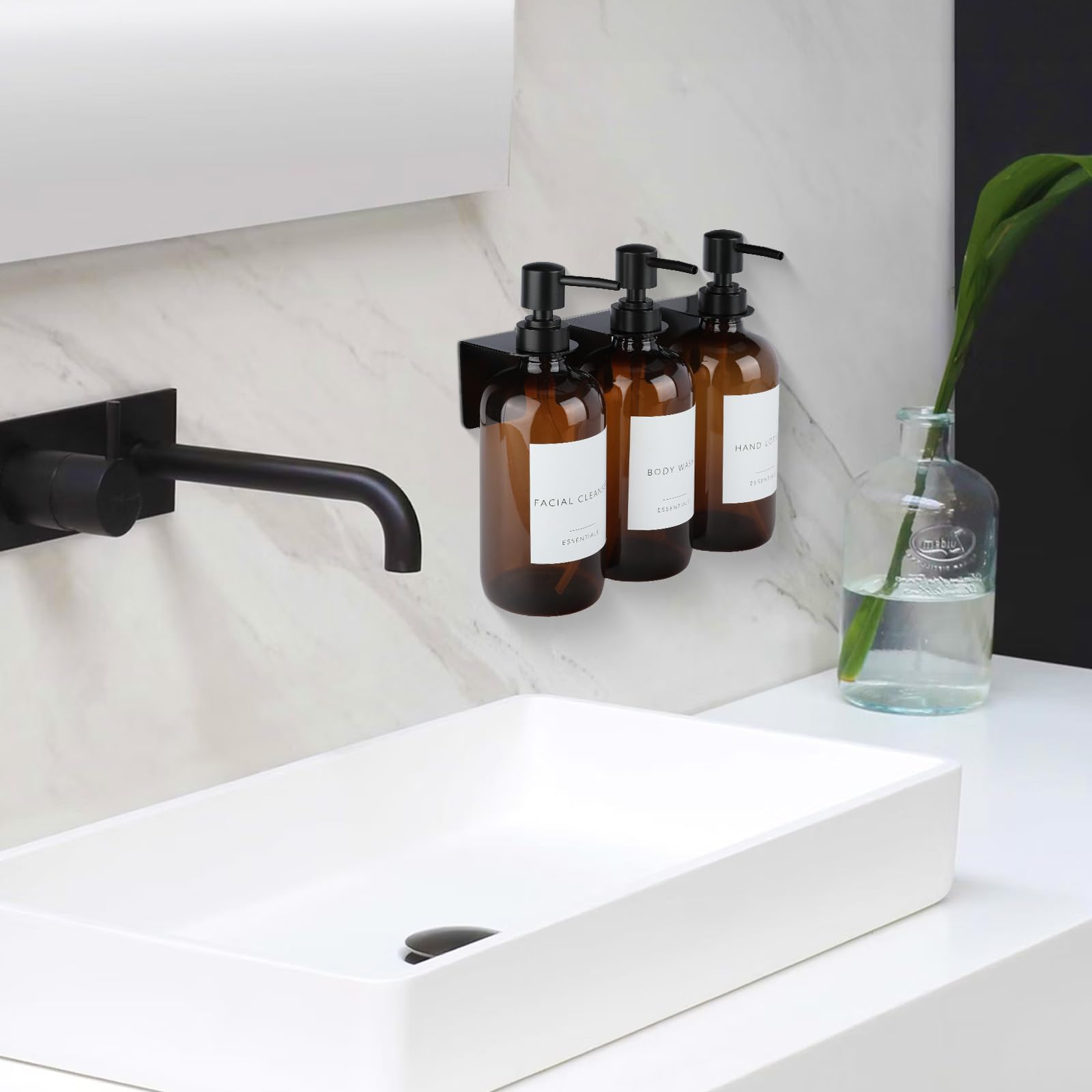Nellyke Shampoo and Conditioner Dispenser for Shower, 21oz Set of 3 Brown Shower Soap Dispenser Wall Mounted No Drill Shampoo Bottles for Bathroom