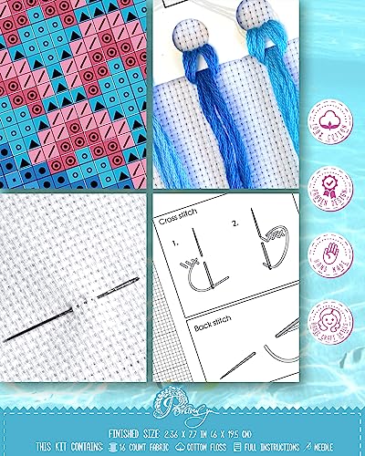 Povitrulya Mermaid's Tail - Counted Cross Stitch Bookmark Kit - DIY Embroidery Set for Adults with Paper Pattern, 16-Count Aida Canvas and Presorted Floss