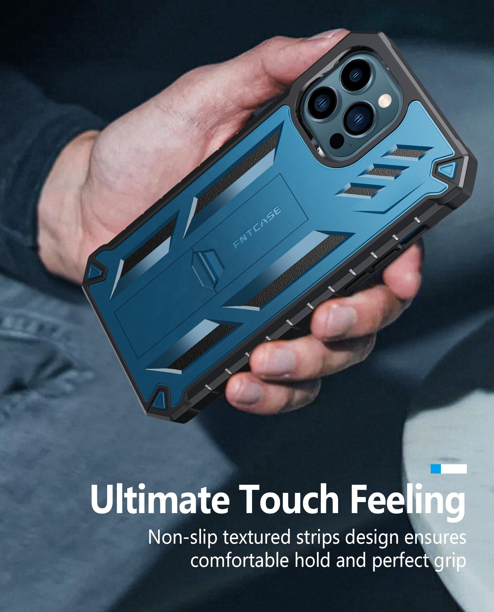 FNTCASE for iPhone 12-Pro-Max Phone Case: Military Grade Drop Proof Protection Mobile Cover with Kickstand | Matte Textured Rugged Shockproof TPU | Protective Sturdy Cases - Blue