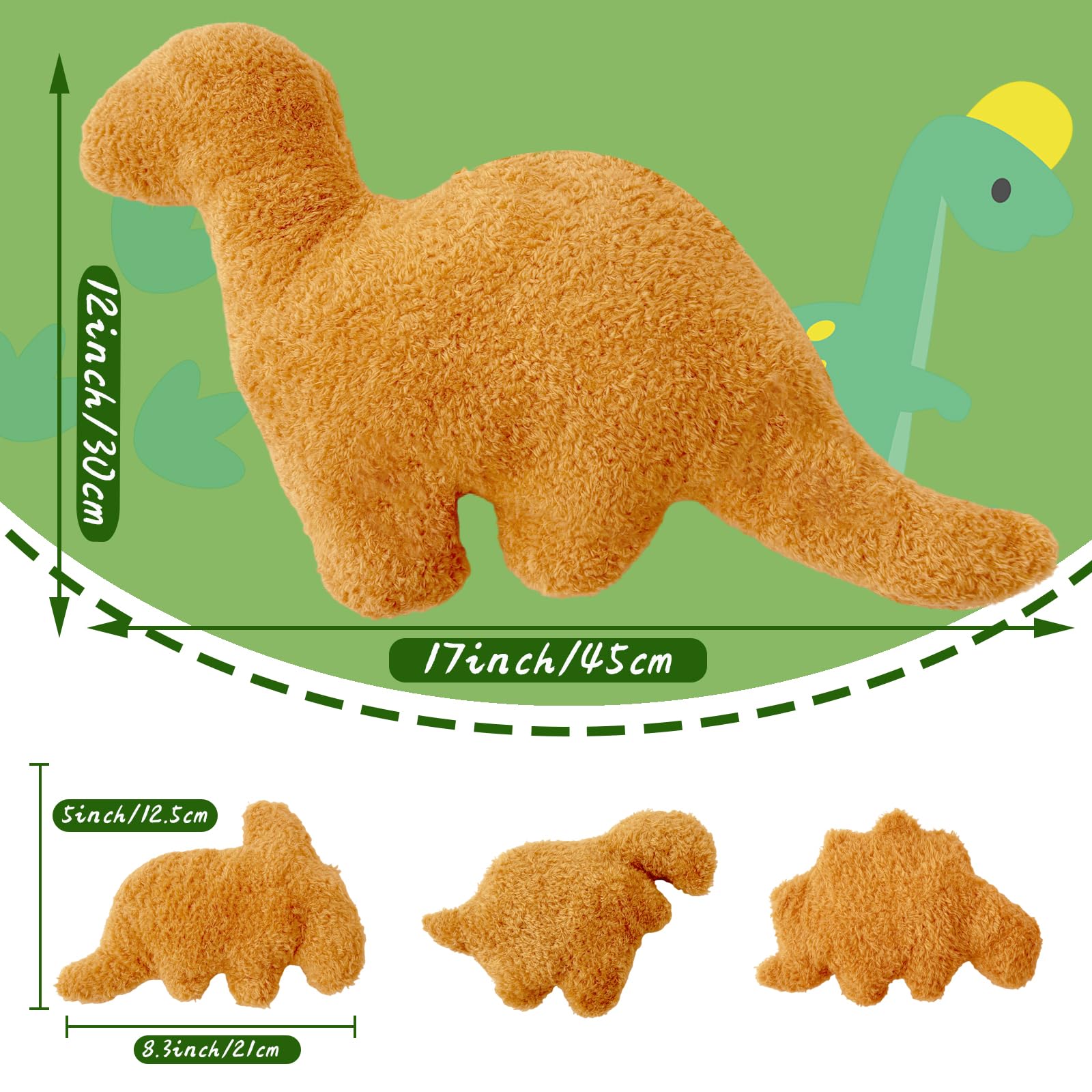 Niurewan 4 Pcs Dino Nugget Pillow Set,Large Chicken Nugget Plush with 3 Small Dinosaur Plush Toys,Dino Stuffed Animal for Birthday Gift Party Favors