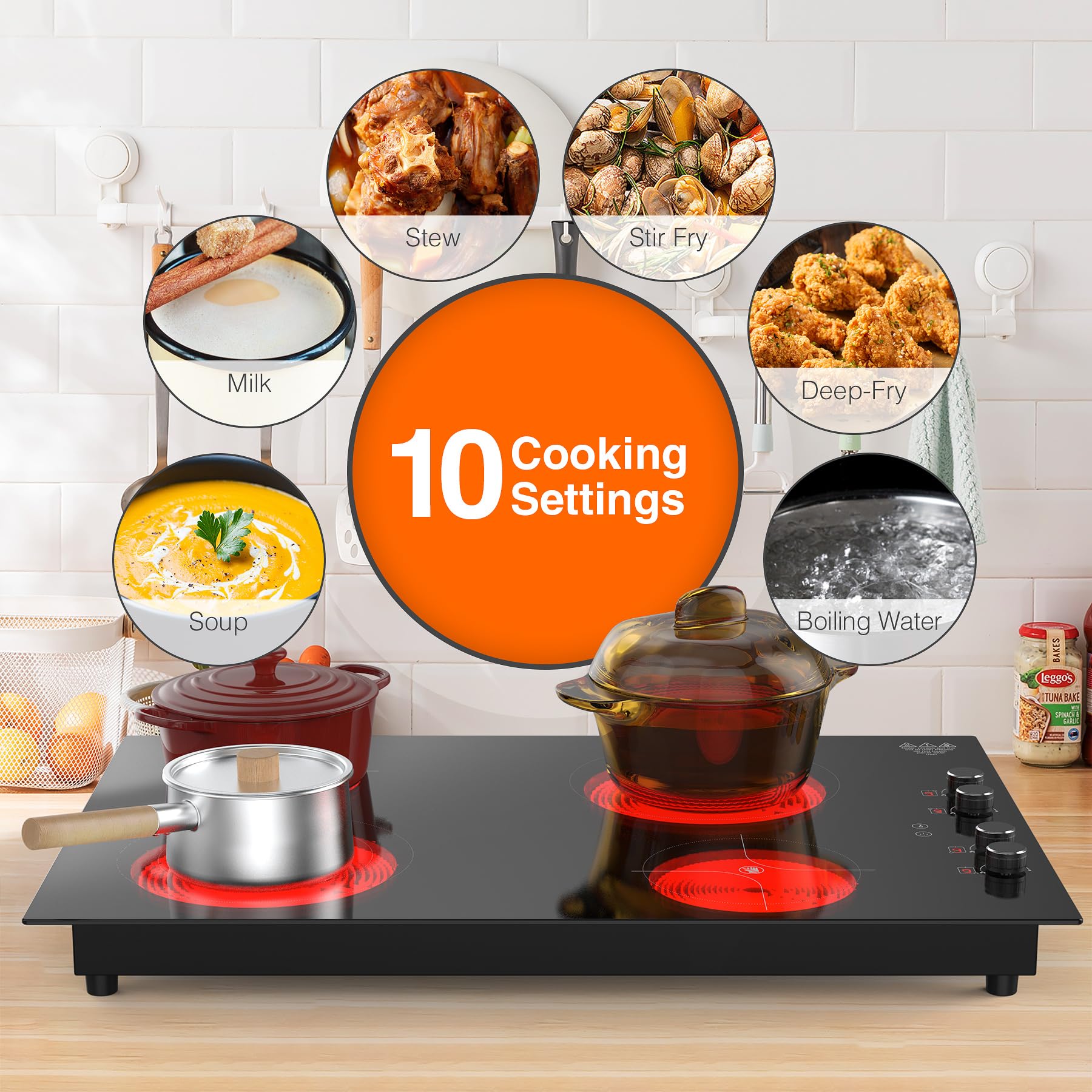 GIHETKUT Electric Cooktop, Hot Plate Electric Control by Knob, Built-in 4 Burners Electric Stove Top with 9 Power Levels, Child Safety Lock & 99mins Timer, 220-240V, 7200W