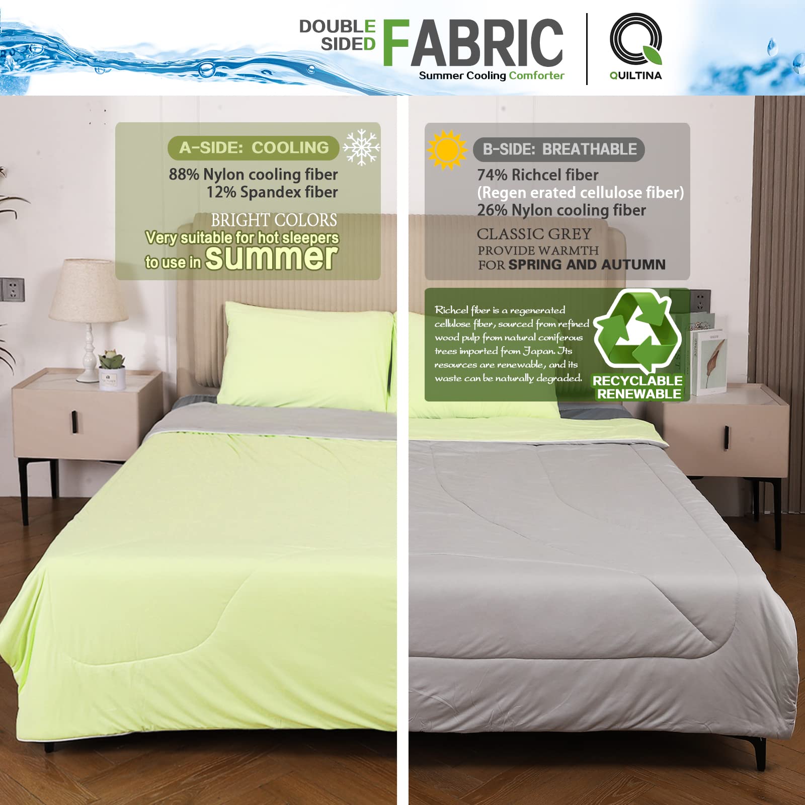 QUILTINA Summer Cooling Comforter Set Children's with 2 Pillowcase for Hot Sleepers Night Sweats, Safe Fabric Lightweight Blanket, Cool Q-MAX>0.4, Soft Back for All Seasons, Throw Size, 47"x59"