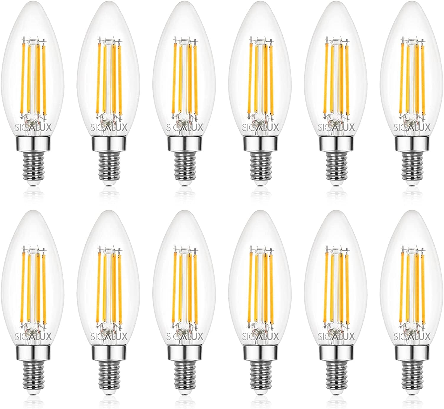 Sigalux E12 LED Bulb Candelabra Base Dimmable, LED Chandelier Light Bulbs, 60 Watt Equivalent Candelabra LED Light Bulbs, B10 2700K Soft White, Type B Filament Candle Light Bulbs UL Listed, 12 Pack