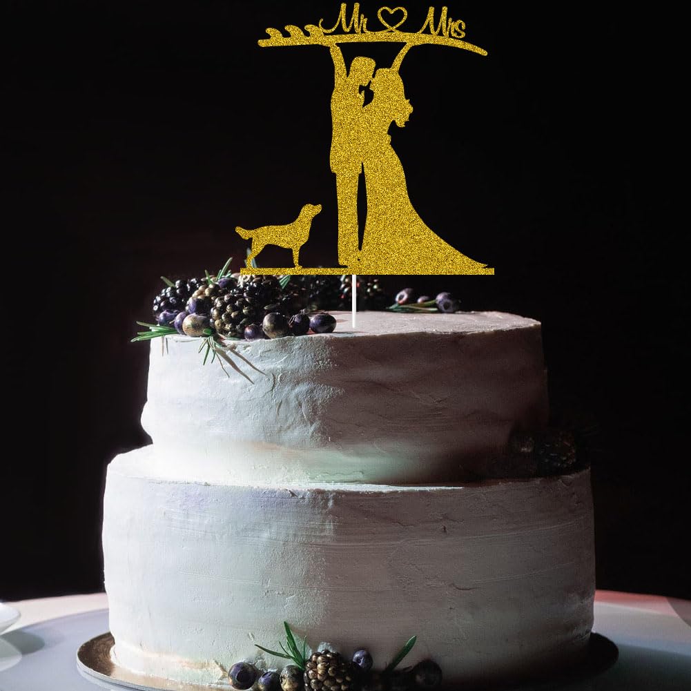 Surfing Couple Mr & Mrs Cake Topper with Dog Surfboard, Funny Wedding Cake Decors, Bride and Groom Wedding Anniversary Party Decorations Gold Glitter