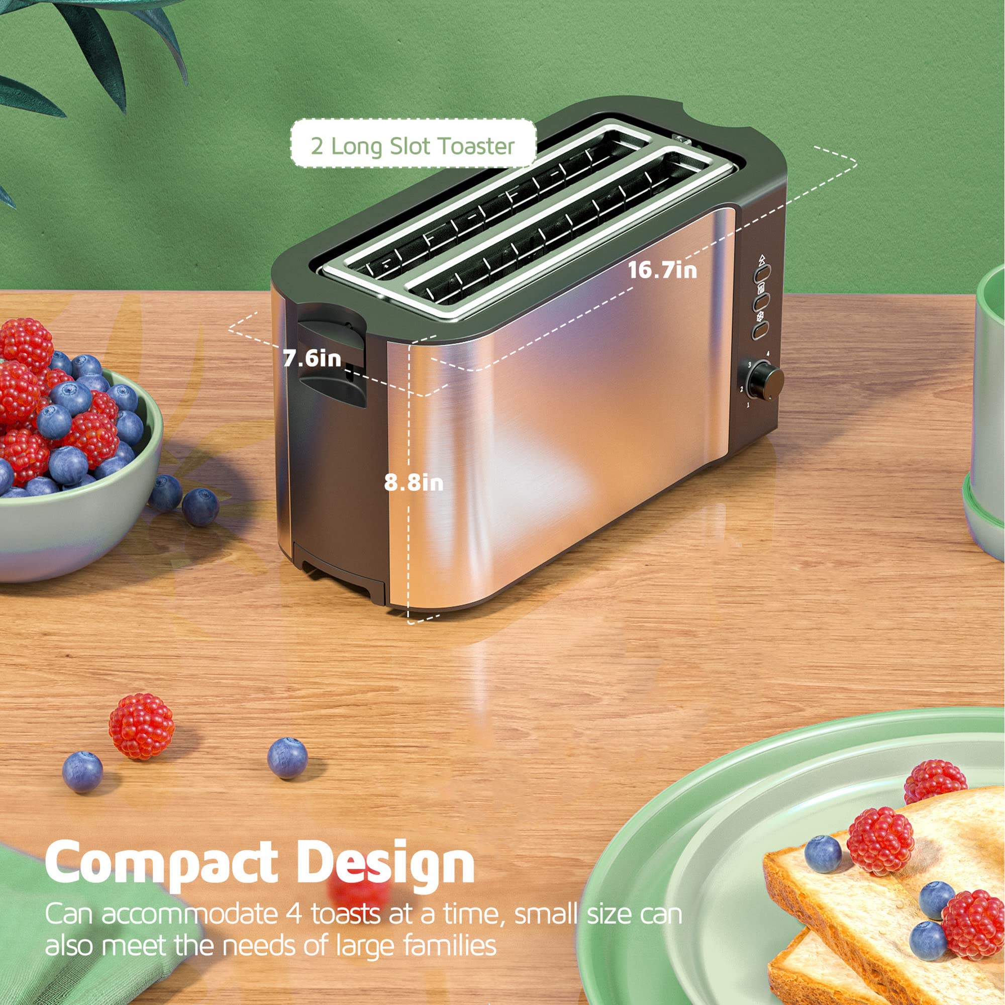 LyriFine Toaster 4 Slice, Long Slot 2 Slice Toaster for Artisan Sourdough Breads, Stainless Steel Toaster with Warming Rack, Extra Wide Slots for Bagels Waffles (Silver), Extra Large 10''x1.5''