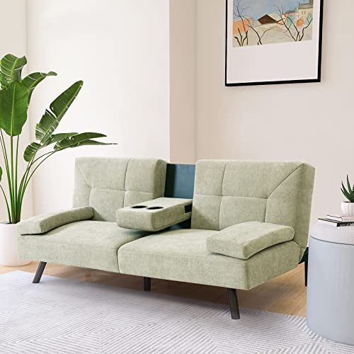 Opoiar Futon Sofa Bed, Modern Convertible Armrests Sleeper Couch with 2 Cup Holders,Loveseats Couch for Compact Space,Studio,Apartment,Office,Living Room,Bed Room,Sage Grey (800LBS)