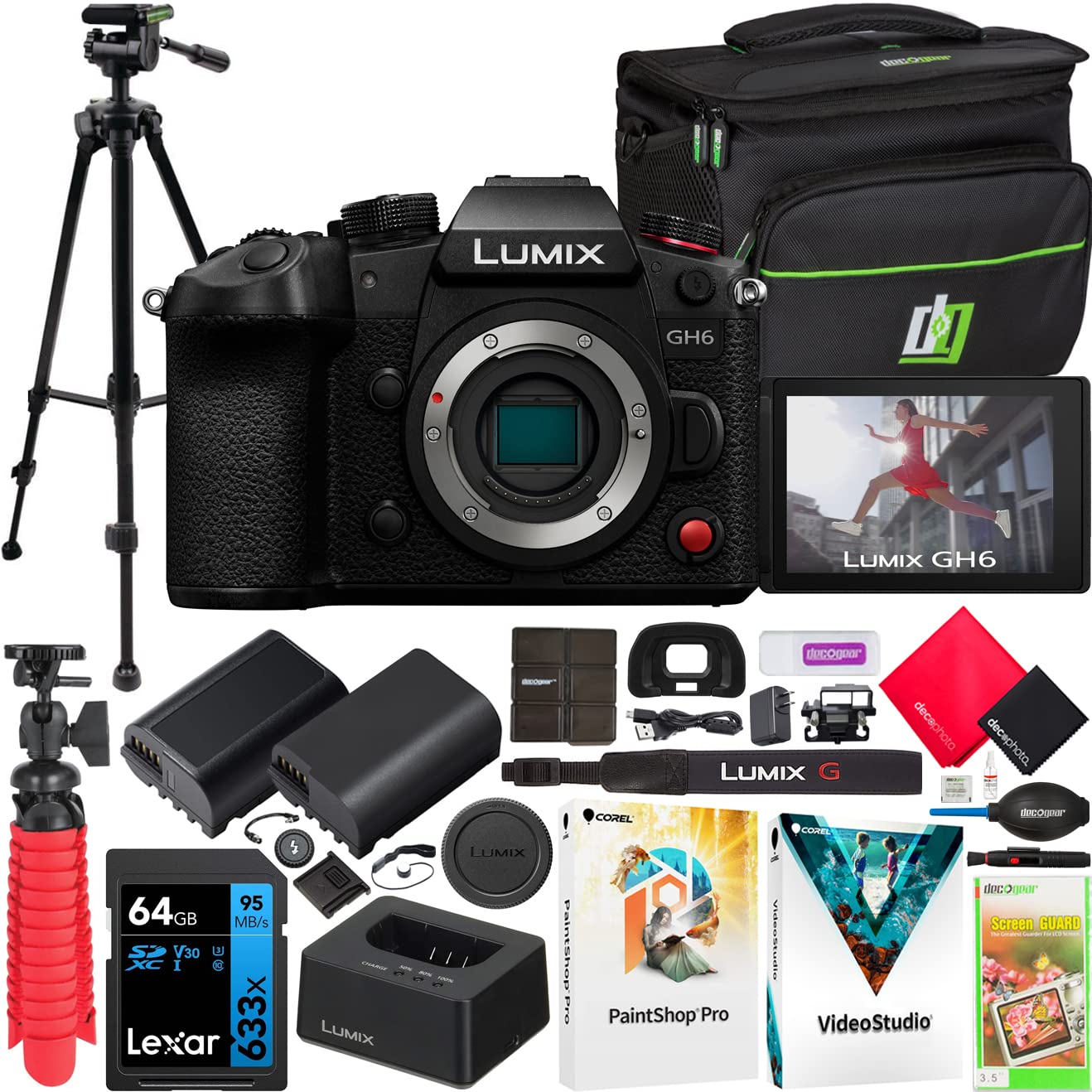 Panasonic LUMIX GH6 Mirrorless Micro Four Thirds Camera Body 25.2MP 4K 120p DC-GH6BODY Bundle with Deco Gear Photography Bag with Accessories + Extra Battery + Photo Video Software Kit