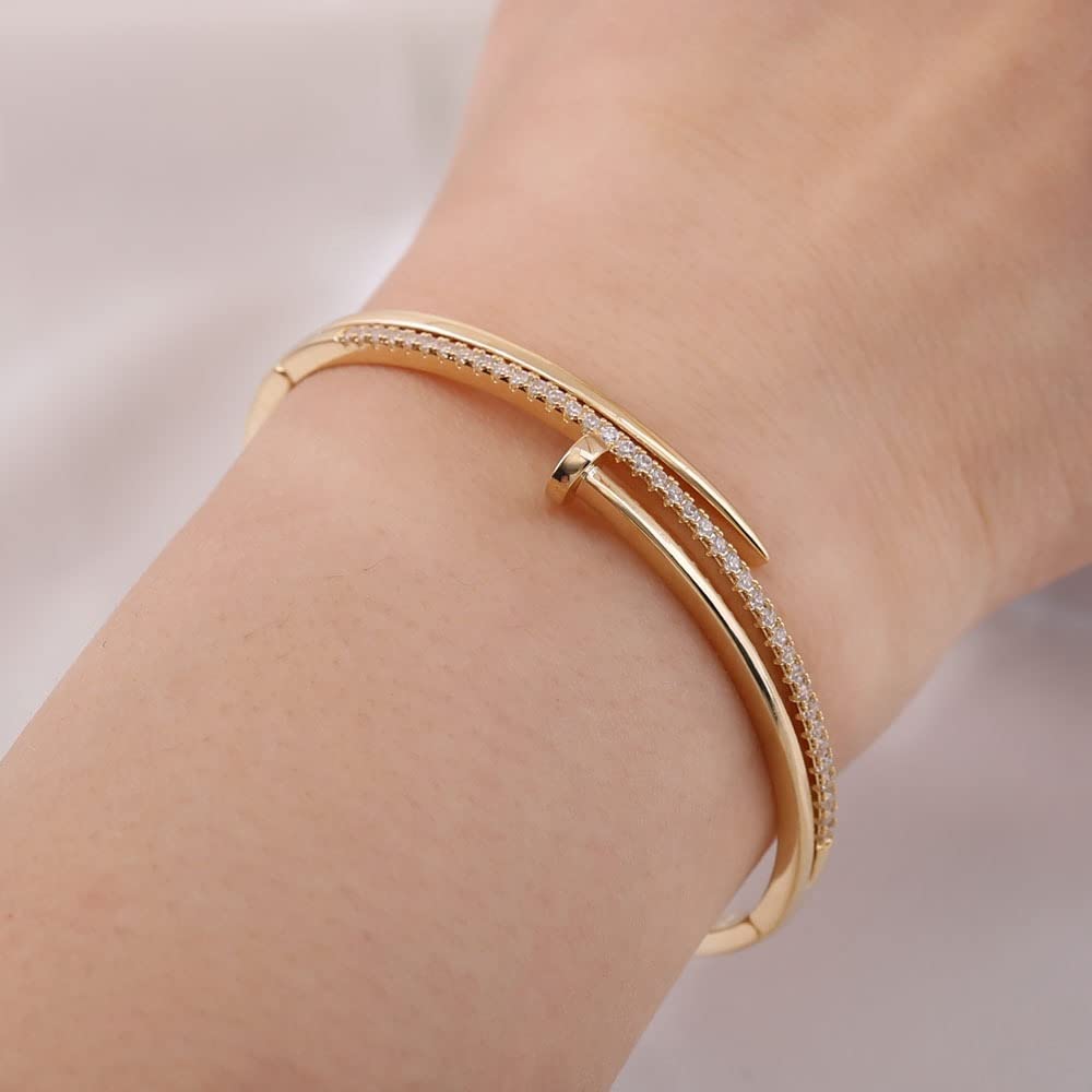 MAELLIS Women's Bangle Bracelet with 18K Gold Plated Bangles, Cut Cubic Zirconia Nail Bracelet
