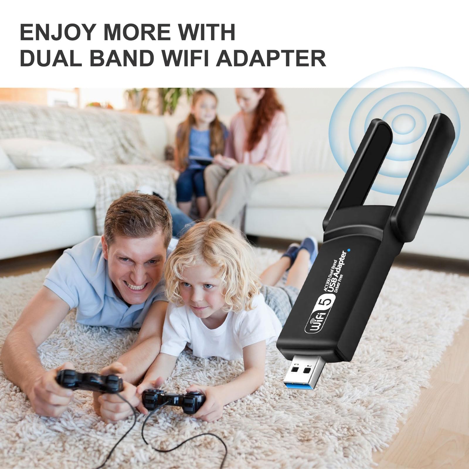 Free Driver USB WiFi Adapter 1300Mbps, Dual Band Wireless Network Adapter, 802.11ac WiFi Dongle for Desktop Laptop PC, Supports Windows 11/10-Plug and Play, Dual 5dBi High Gain Antennas