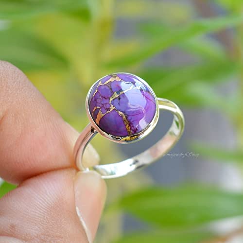 Gemstone 925 Sterling Silver Ring Healing gemstone Ring Purple Copper Turquoise Round Shape Gemstones/Reiki Healing Gemstone Protection Ring -1592 (11)