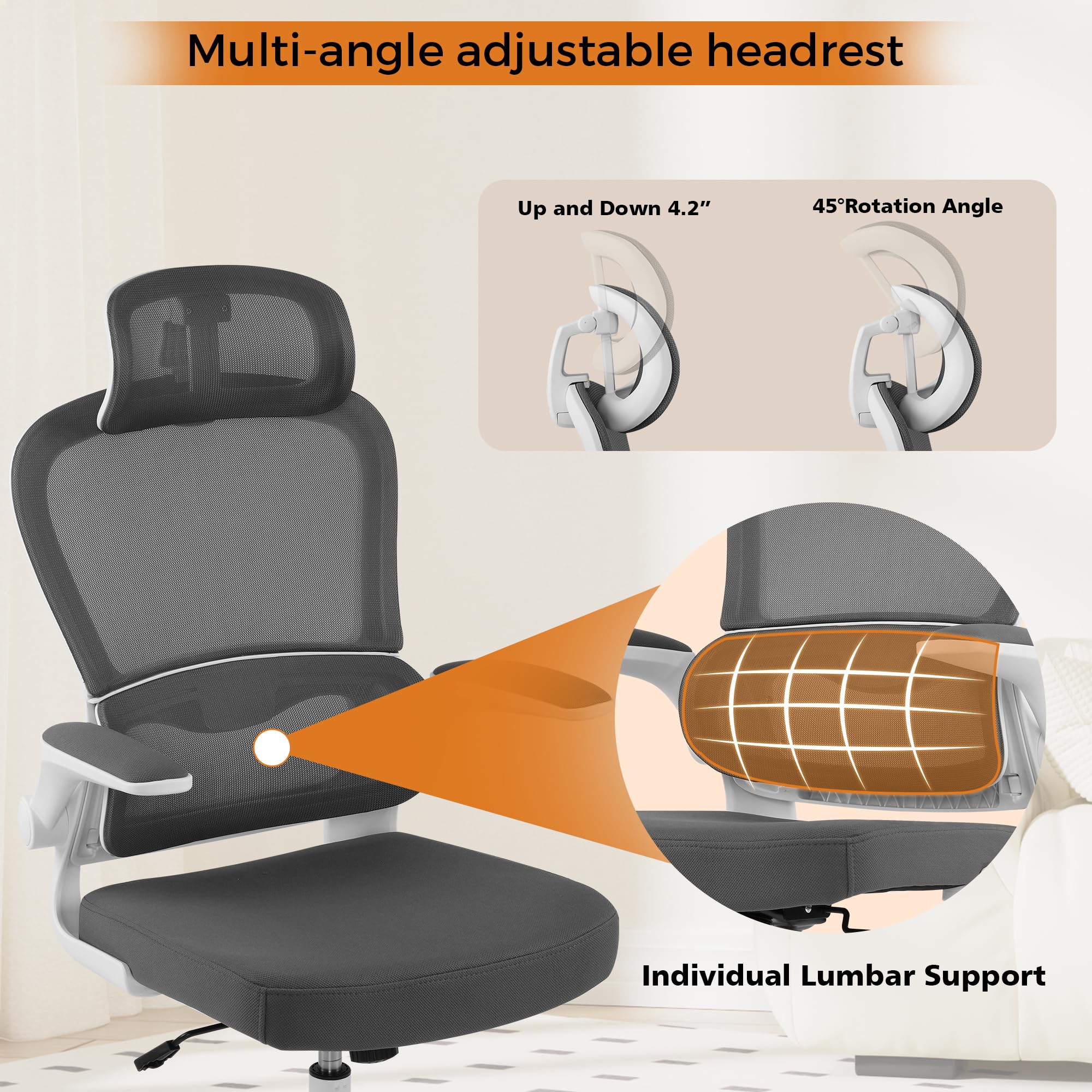 Office Chair Ergonomic Desk Chair Gaming Chair Computer Chair for Home Office with Wheels, Lumbar Support, Adjustable Headrest and Flip-up Armrest (Grey)