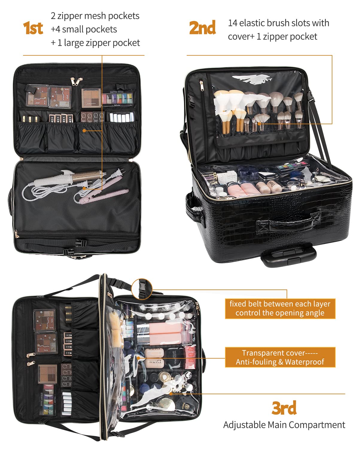 OCHEAL Extra Large Makeup Case, 20" Carry On Makeup Train Case for Makeup Artist, Travel Cosmetic Case Organizer Bag Rolling Trolley Storage Box with Two Sets Adjustable Dividers 360 Degree Wheels