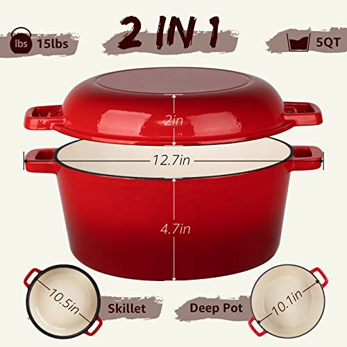 Overmont 2 in 1 Enameled Cast Iron Dutch Oven with Skillet Lid & Cookbook for Induction, Electric, Grill, Stovetop, Bread Baking (5 Quart)