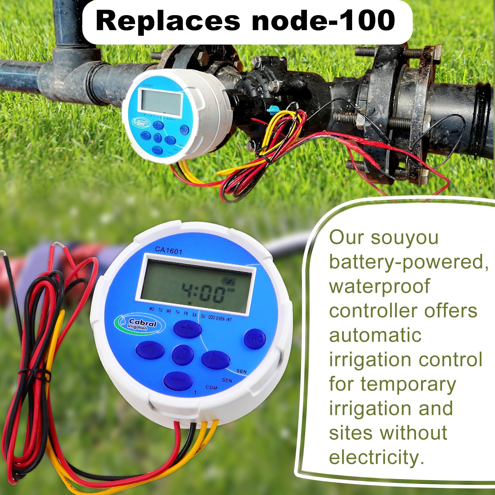 Node-100 Industries Sprinkler Battery Controller with Solenoid, Supports Rain Sensor, Seasonal Adjustment, Automatic/ Manual with Fixed Bracket and Operating Instructions