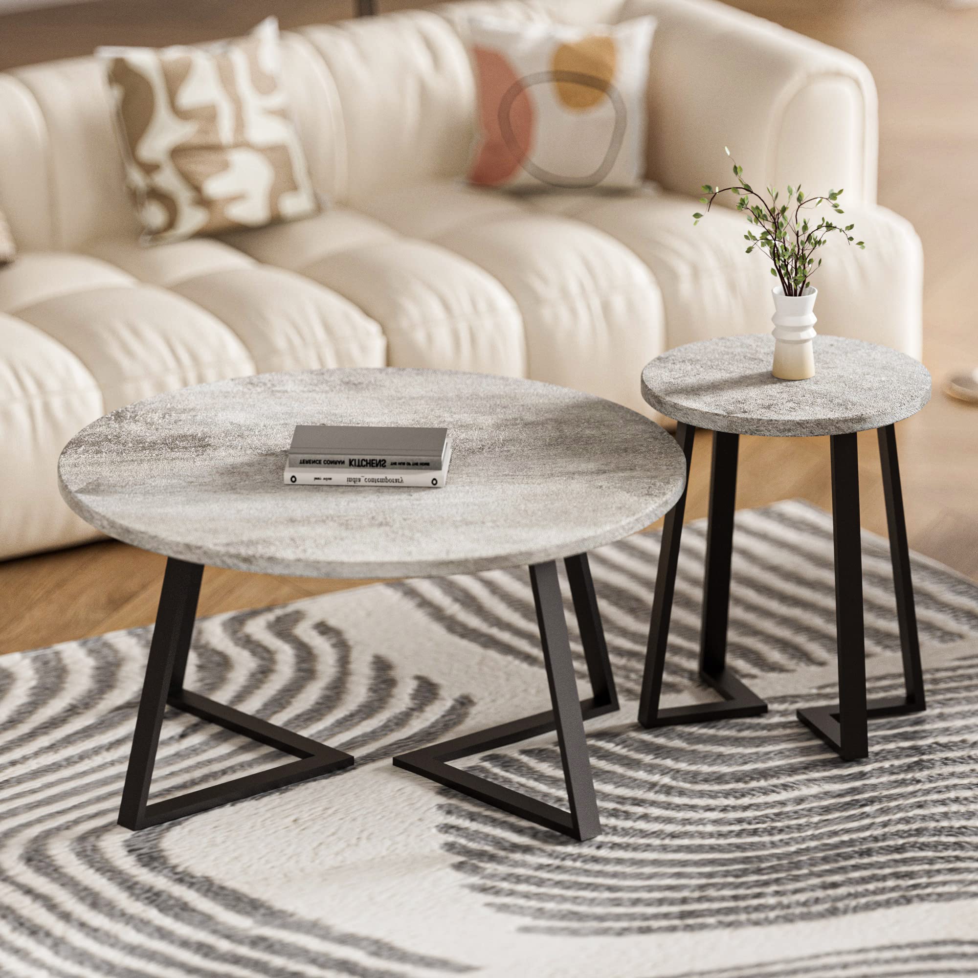 ODIKA Round Mod Concrete Side Table - Small End Table Plant Stand for Living Room Bedroom or Patio Set of 2