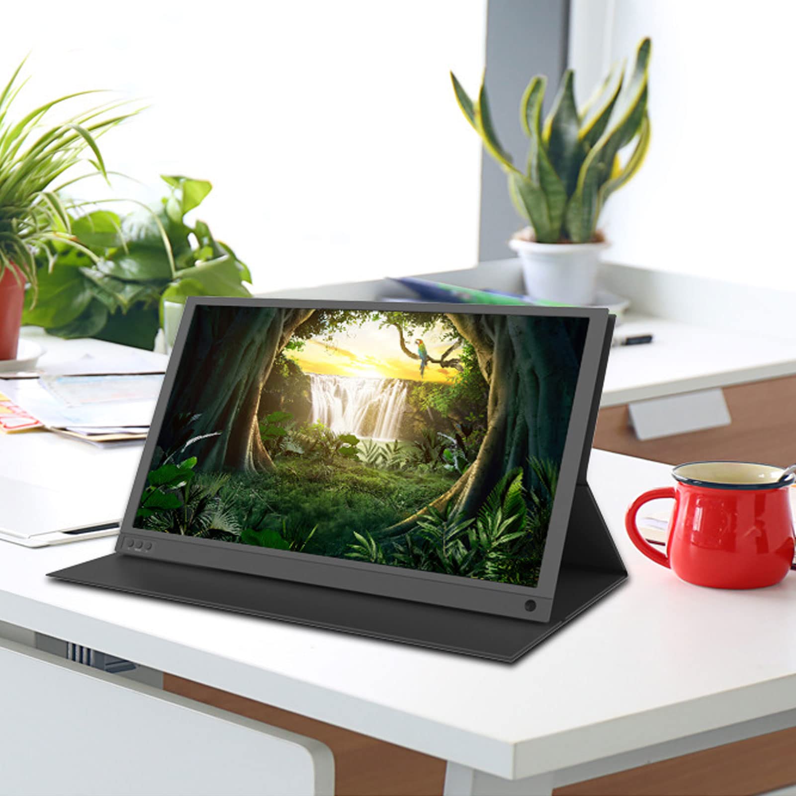 Portable Monitor, IPS Hard Screen HD Touchscreen Monitor Dual Speakers Split Screen Processing HDR Technology 15.6in Screen for Laptop PC Phone(Black)