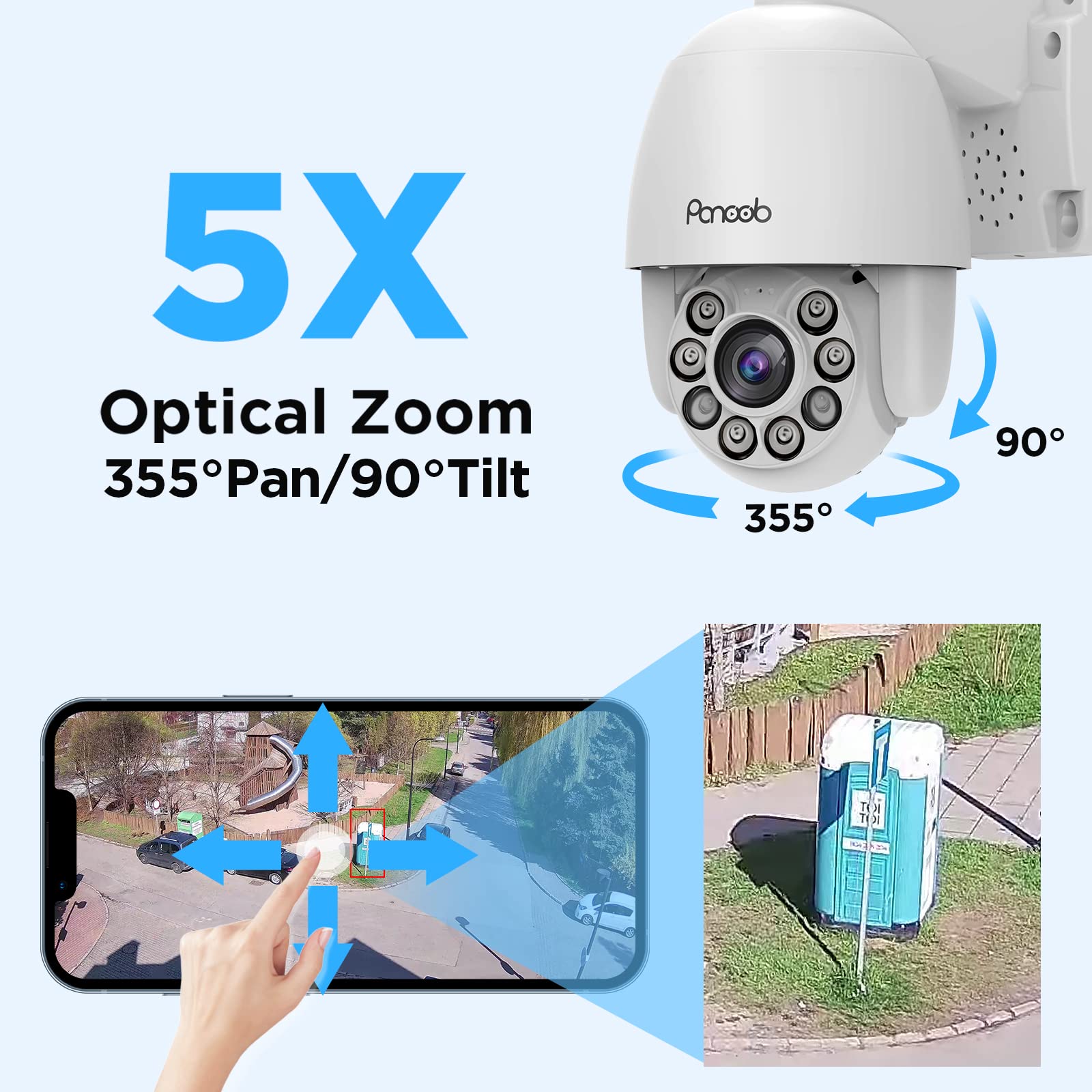 PANOOB 6MP PTZ Outdoor Camera, 355° Pan 90° Tilt 5X Optical Zoom PoE IP Security Cams, AI Human Vehicle Detection, 2.7-13.5mm Lens, 328ftIR Night Vision, Two Way Talk, Support 256GB SDCard, PT16A-6MZ