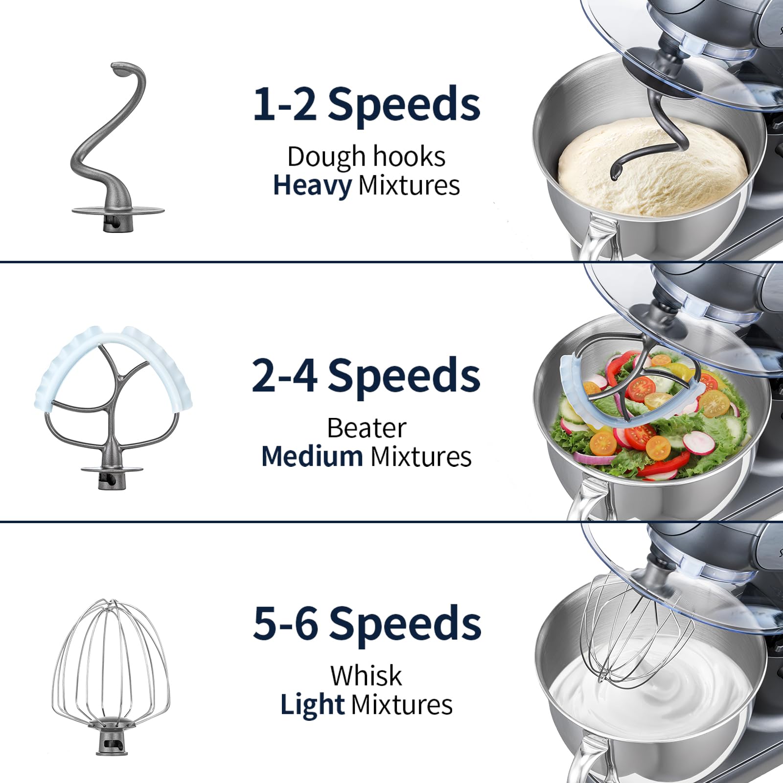 Stand Mixer, 6 QT 600W Tilt-Head Dough Mixer, 6+P speed Mixers Kitchen Electric Stand Mixer with Stainless Steel Bowl, Dishwasher-Safe Dough Hook, Flat Beater, Wire Whisk, Splash Guard, Grey