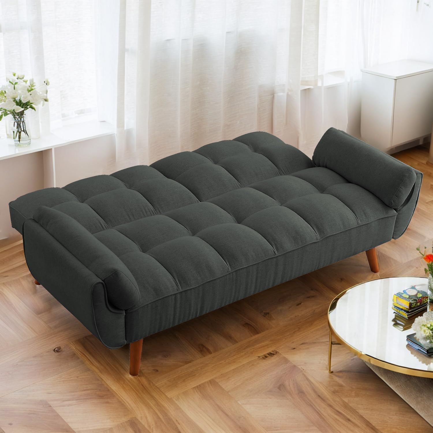 Relyblo Futon Sofa Bed, 76 inch Convertible Sectional Fabric Sleeper Couch, Splitback Loveseat with Tapered Legs, Modern Lounge for Living Room, Study, Bedroom, Apartment, Office,Yellow