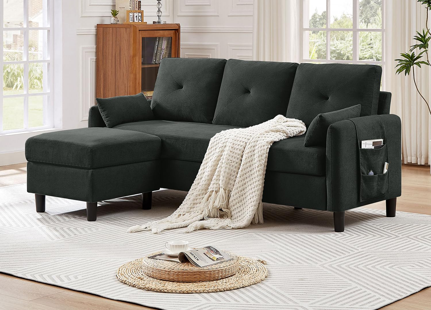 Tornama Convertible Sectional Sofa Couch 3 Seat L Shaped Sofa with Pillows, 77" Linen Fabric Small Couch with Reversible Chaise and Side Pockets for Living Room, Apartment and Office, Black