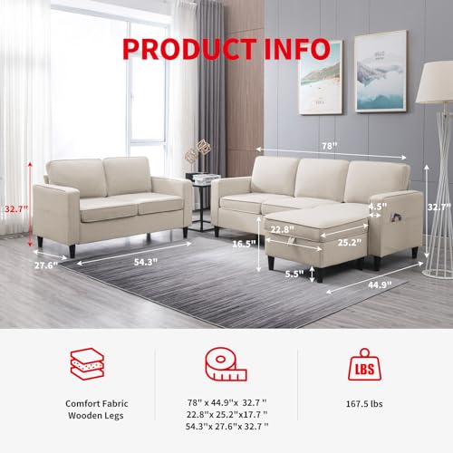 PUREMIND 2 Pieces Sofa Set Sectional Sofa Couch for Living Room,3-Seat L Shape Convertible Sofa with Storage Ottoman and Loveseat Set,Linen Fabri Modular Sectional Sofa Set