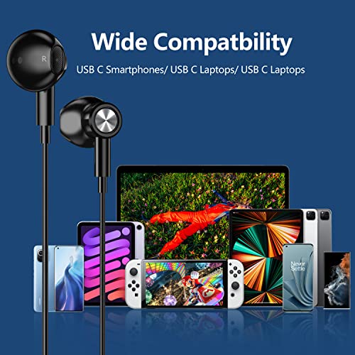 USB C Headphones for iPhone 15, YUANBAI USB C Earbuds with Microphone Noise Isolation Stereo Wired Semi in-Ear Earphones for Samsung Z Fold3 5G S21 S22 Ultra S20 FE OnePlus 9 Google Pixel 6 iPad Pro