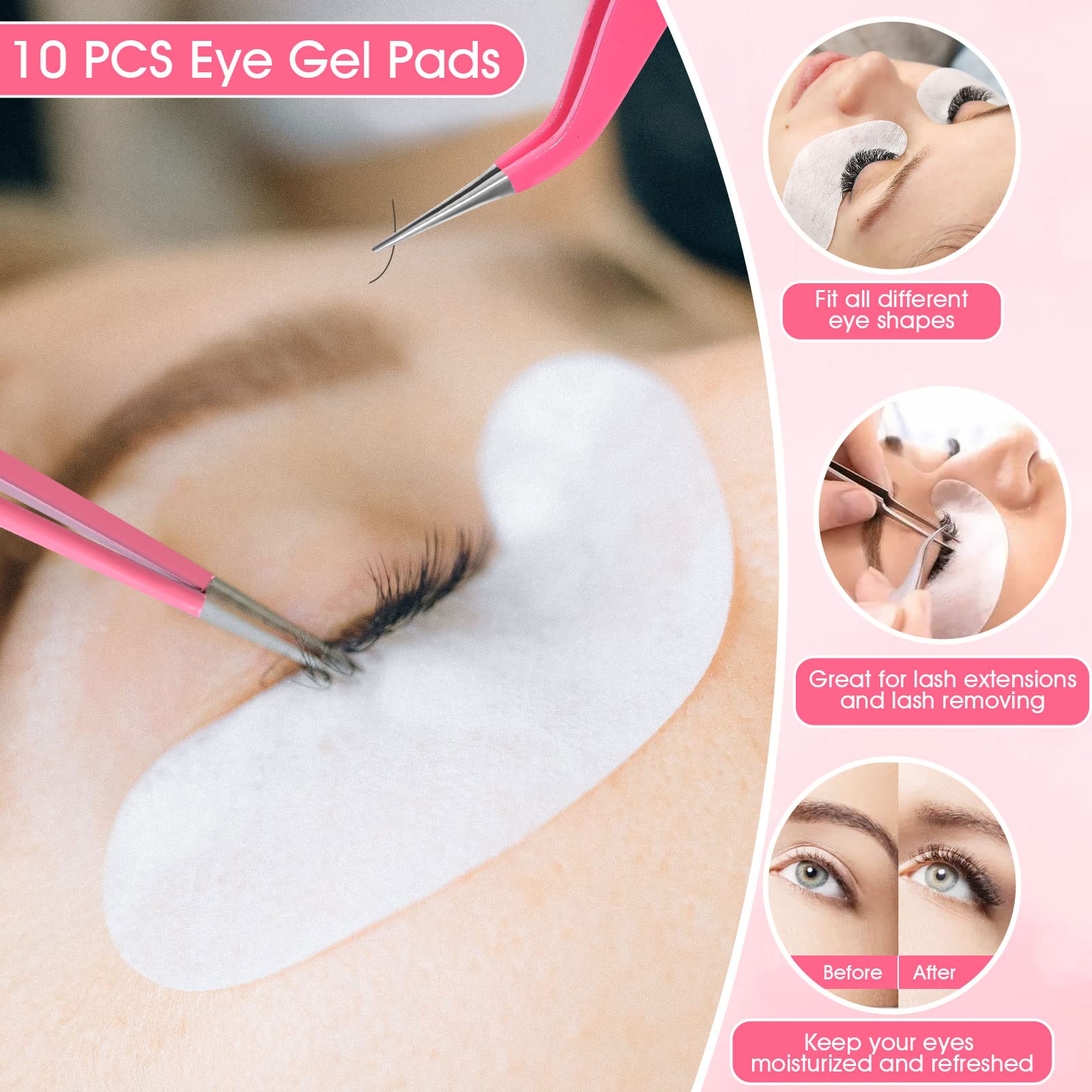 Modacraft Eyelash Extension Supplies Kit for Beginners with USB Air Conditioning Blower 2 Lash Tweezers, 100 Mascara Brushes, 50 Micro Applicators 50 Ring Cup Holders, 2 Tapes 10 Eye Gel Pads