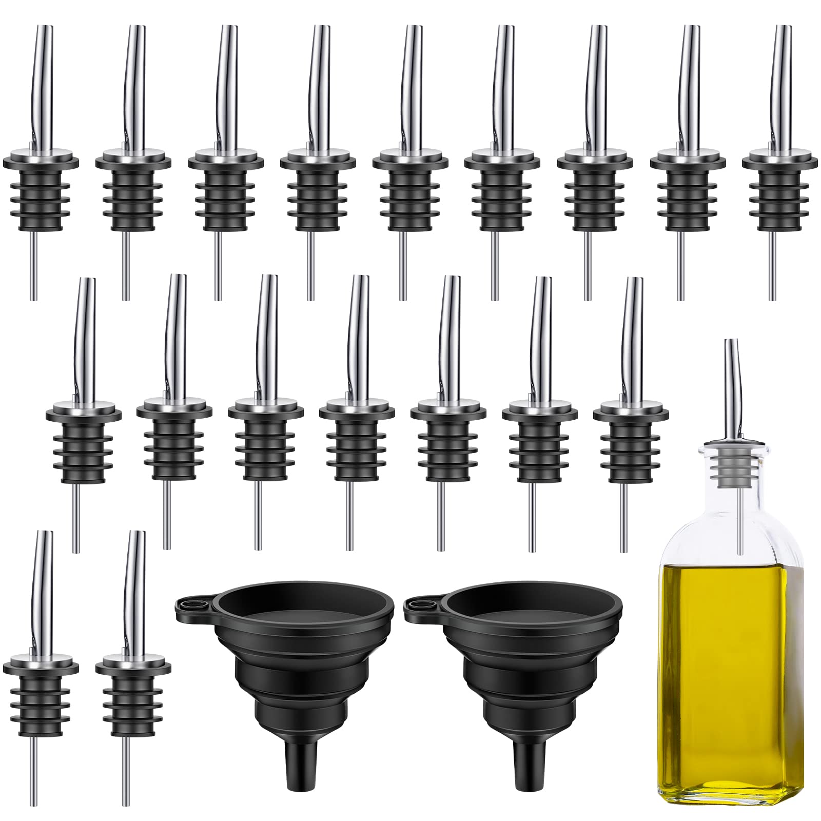 Liphontcta 18 Pcs Olive Oil Spouts Stainless Steel Oil Pourer Spouts Olive Oil Dispenser Spout Metal Oil Bottle Stopper with 2 Pcs Silicone Funnels for Wine Liquor Vinegar Syrup