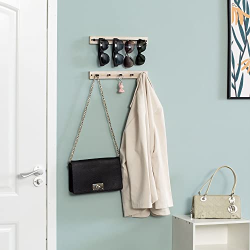 MyGift 2 Piece Set Wall Mounted Wood Sunglasses Organizer Rack and Coat Hook Wall Rack in Whitewashed Finish with Metal Hardware, Entryway Eyeglass Hanger Rail and Key Hooks