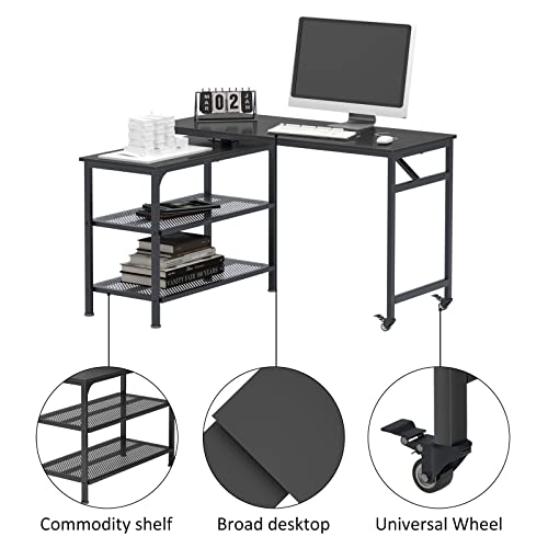 soges Reversible L Shaped Desk, 360° Free Rotating Corner Computer Desk, 47 inch L Desk with Storage Shelves for Home Office, Modern Study Writing Table Workstation, Black