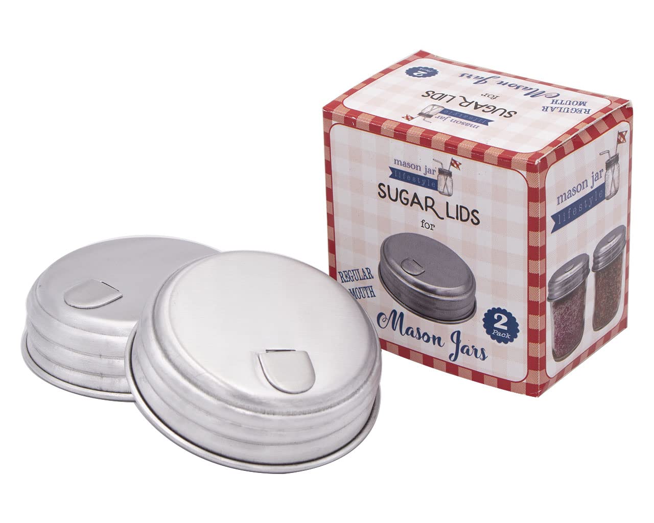 Sugar Dispensing Retro Style Stainless Steel Lids for Mason Jars (2 Pack, Regular Mouth)