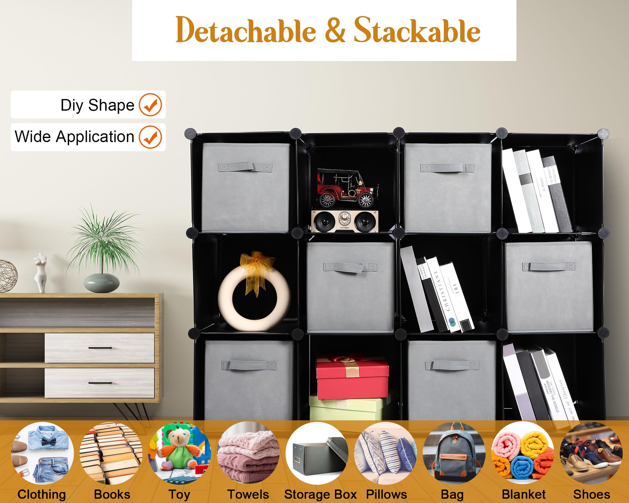 Roshtia 12 Cube Storage Organizer and 12 Collapsible Fabric Storage Cube Bins, Closet Organizer and Storage Shelf DIY Plastic Modular Bookcase Bookshelf Bedroom Garment Racks Home Office, Black, Gray