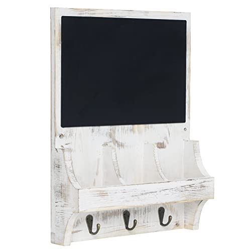 MyGift Whitewashed Wood Entryway Wall Organizer, Family Command Center Mail and Key Holder Rack with 3 Hooks, 3 Mail Slots and Chalkboard