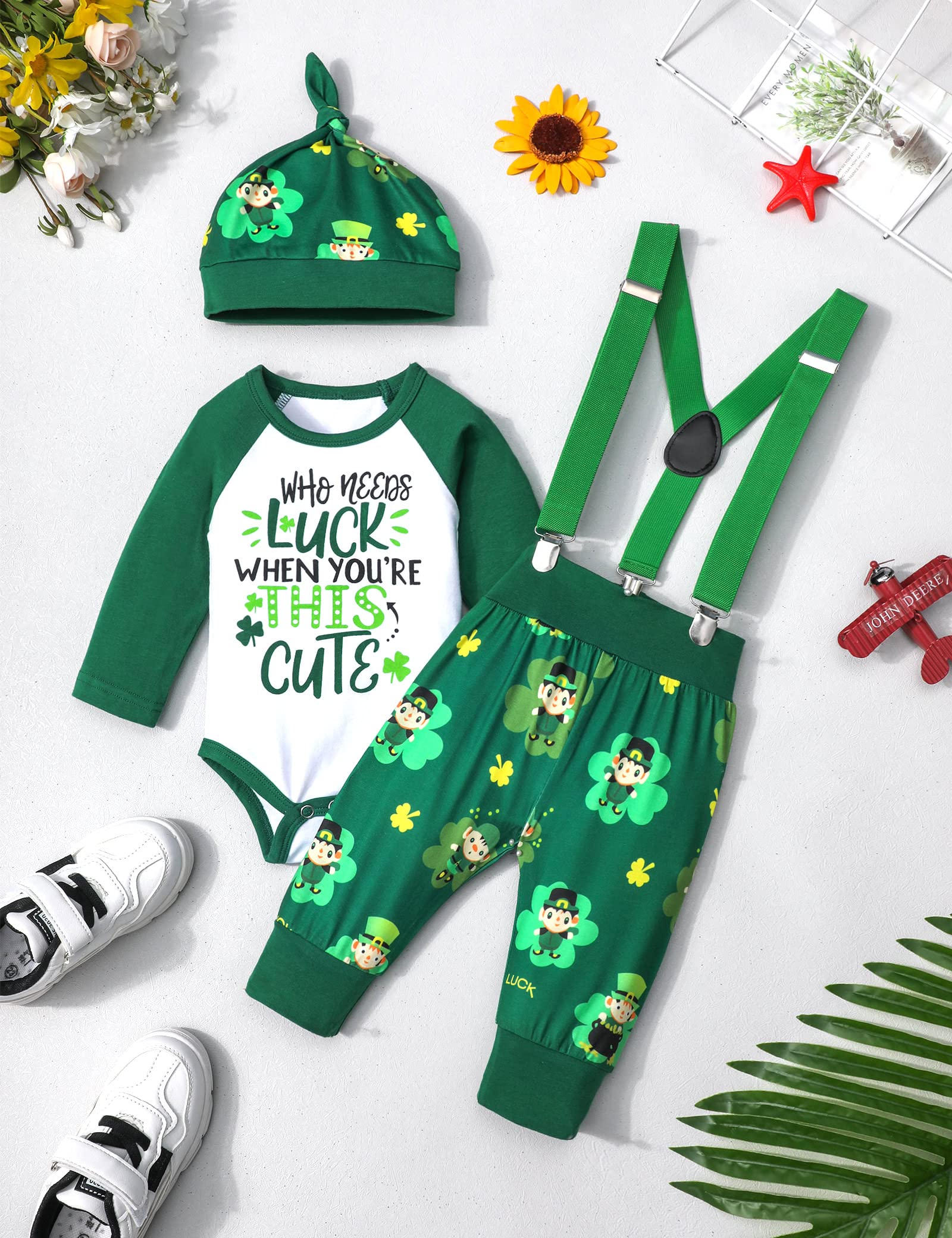Queenstyle St Patricks Day Baby Boy Outfitt 3-6 Months My First St Patricks Day Baby Boy Outfit Romper Suspender Pants Print Hat 3Pcs Set
