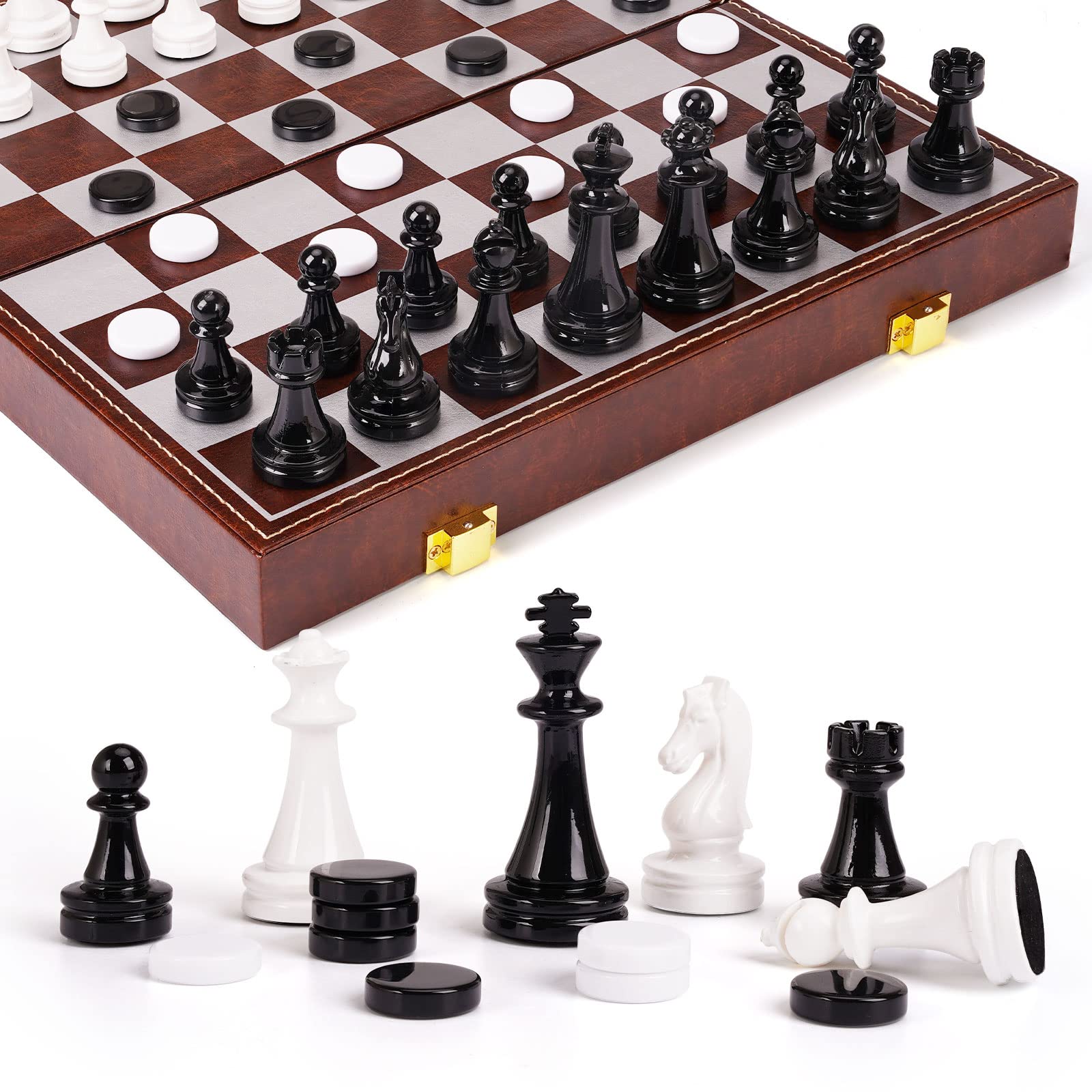 Magnetic Chess Set Checkers Game Set for Adults Kids (2 in 1) -12" Magnetic Chess Pieces & Portable Folding Leather Chess Board Travel Chess Sets Board Game – 24 Cherkers Pieces with Storage Box