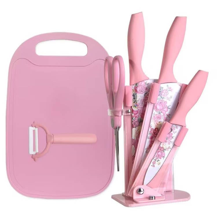 Stainless Steel Pink Floral Knife Set with Potato Peeler & Cutting Board - 6 Piece Pink Kitchen Knife Set (Pink)