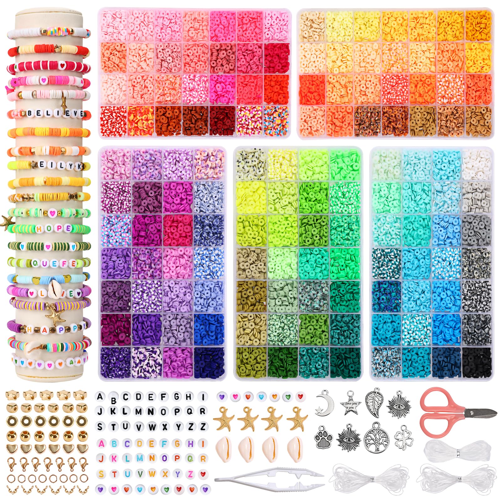 QUEFE 17500pcs 140 Colors Clay Beads for Jewelry Making, Flat Round Polymer Clay Beads Kit with Letter Beads for Gift Craft and Art