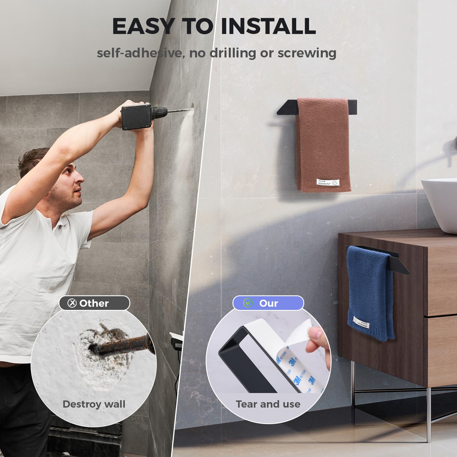 Wall Mount Towel Holder Self Adhesive Towel Rack 304 Stainless Steel Stick on Hand Towel Stand 8 Inch Heavy Duty Towel Hanger for Bathroom No Drilling Towel Bar Hardware Brushed Black 1 PCS