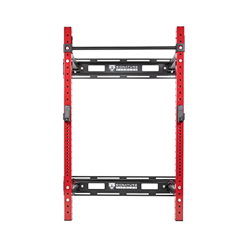 Signature Fitness 3” x 3” Wall Mounted Fold-in Power Cage Squat Rack with Adjustable Pull Up Bar and J Hooks - Space-Saving Home Gym, Red