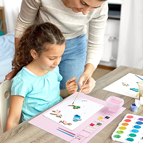 Silicone Painting Mat, Art Mat with Cup, Craft Paint Brush Cleaner Tool, Artist for Kids Gift Clay DIY Creations (Pink)