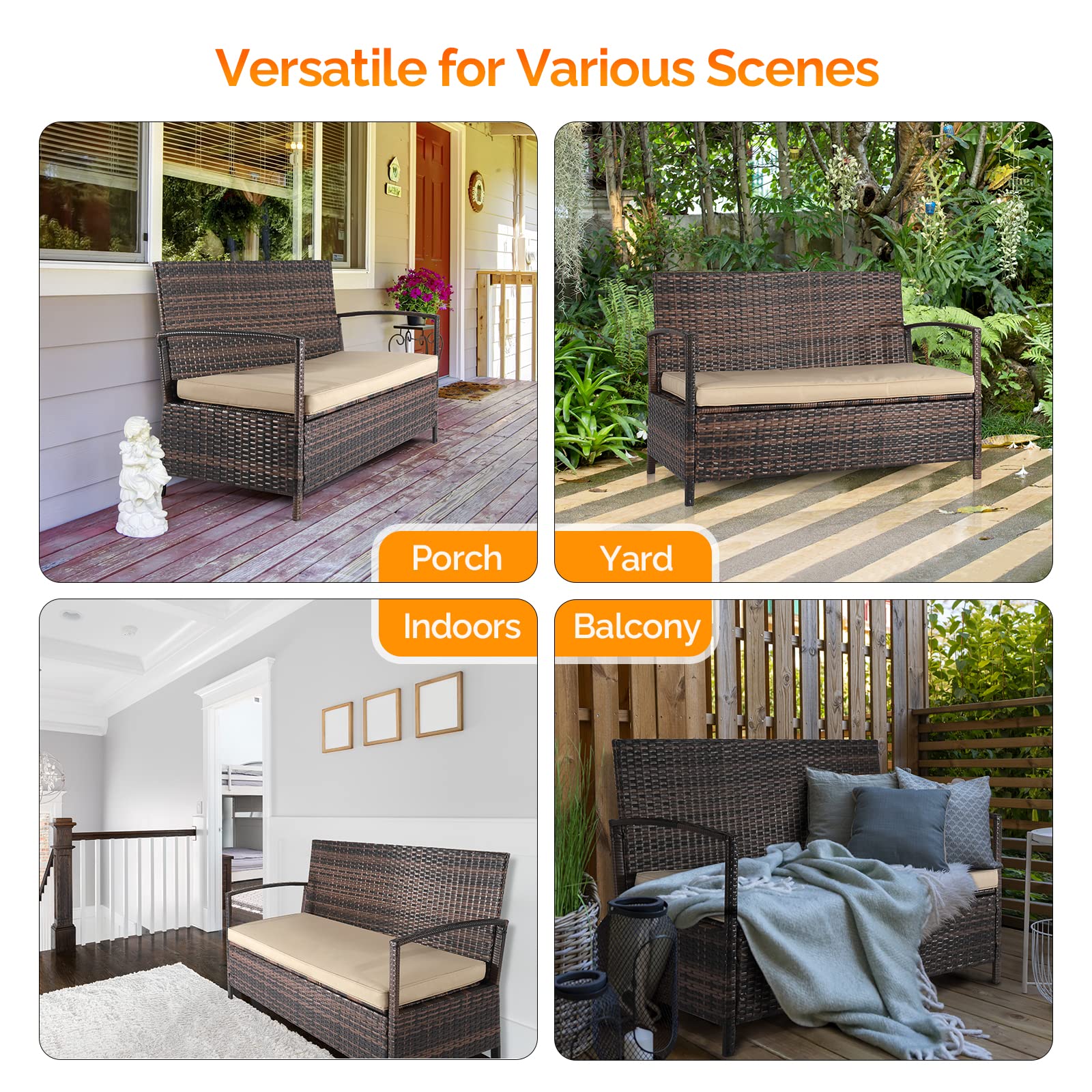 VINGLI 40 Gallon Outdoor Bench with Storage, Wicker Deck Box, Rattan Outdoor Storage Box, Patio Sofa Storage Bench with Cushion for Porch, Yard, Lawn, Garden (Brown)
