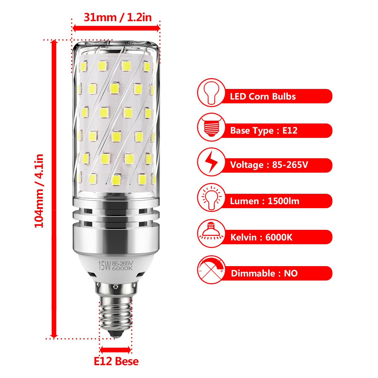gezee E12 LED Corn Bulbs,15W LED Candelabra Light Bulbs 120 Watt Equivalent, 1500lm, Daylight White 6000K LED Chandelier Bulbs, Decorative Candle, 4.1in*1.2in, Non-Dimmable LED Lamp(3-Pack)