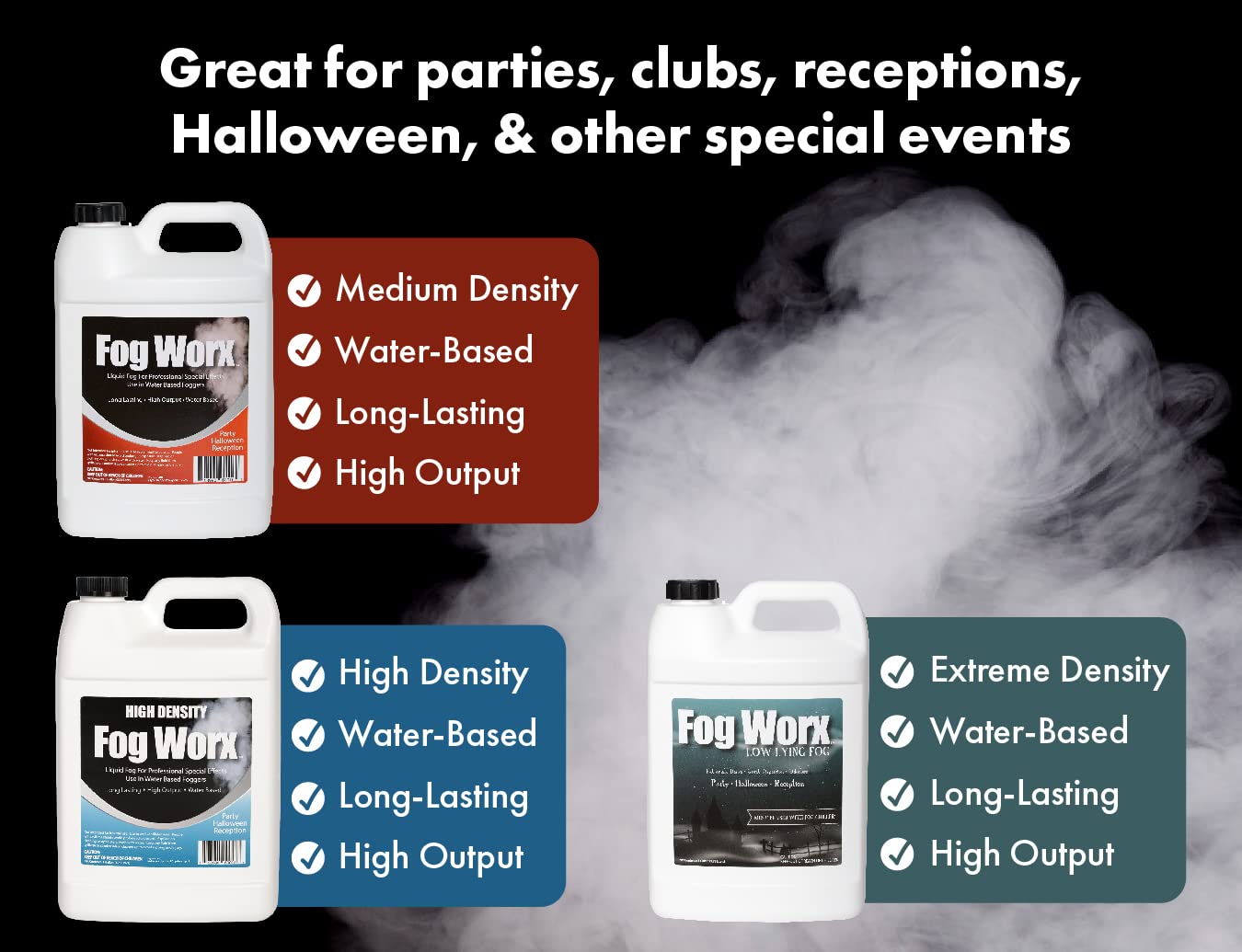 FogWorx Fog Juice - 1 Half Gallon of Premium Fog Fluid (64oz) - Medium Density, High Output, Long Lasting Fog Machine Fluid