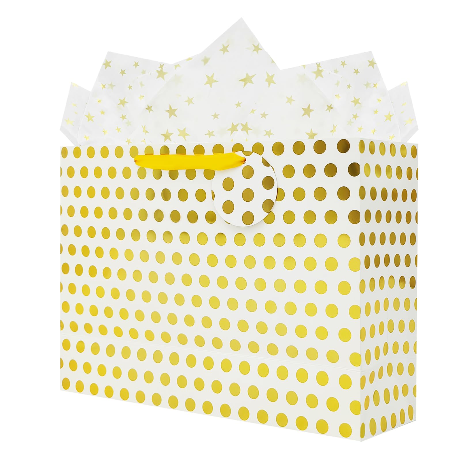 OFIHANLY 16.5" Extra Large Birthday Gift Bag with Handles for Women Men Wedding Bridal Shower Gold Polka Dot Kids Boy Girls Baby Shower Party Paper Bag with Tissue Paper,1Pcs