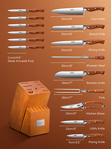 Knipan Kitchen Knife Sets with Block, 16PCS Professional Stainless Steel Forged Chef Knife Block Set, Ultra Sharp Knives with Wood Handle, Brown