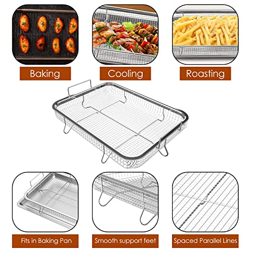 Linkidea 2 Small Roasting Pan with Rack Set, Stainless Steel Baking Cooling Rack Rectangle 12'' x 9'', Oven Tray and Safe Grid Wire Racks for Roasting