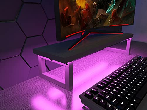 SZXKT L Shaped Computer Desk with Monitor Stand and Power Outlets,Gaming Desk with Storage Shelf and LED Lights,Home Office Reversible Corner with Hooks (Black)